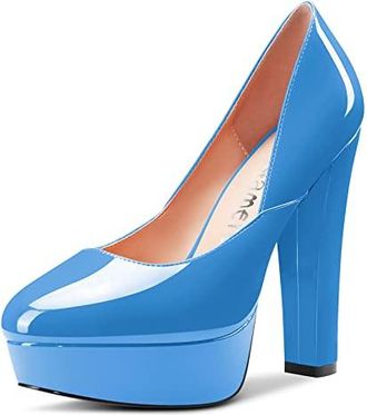 Castamere Femmes Haut High Talon Heel Bloc Chunky Plate-Forme Rond Bout Slip-on Escarpins Classique Cute Dress 13 CM Heels Chaussures Bleu 36 EU