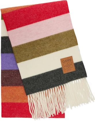 Ganni écharpe rayée à franges - Rouge