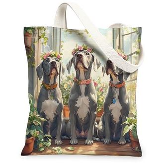 Generic Sac fourre-tout en toile motif dogue allemand printanier 33 x 38,1 cm, sac r&eacute;utilisable &agrave; motif imprim&eacute; de plantes en pot pour femme, animal de compag