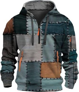 Generic Sweat à capuche à fermeture éclair 1/4 pour homme - Patchwork - Manches longues - Coupe ample - Cordon de serrage - Léger - Style classique - Pour le 