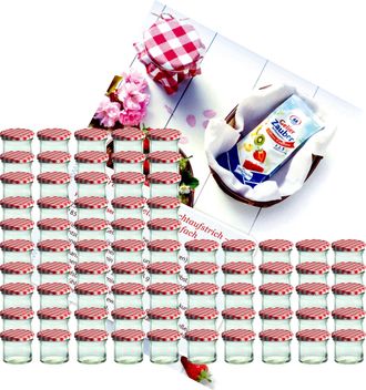 MamboCat 75er Set Sturzglas 125 ml Marmeladenglas Einmachglas Einweckglas to 66 rot Karierter Deckel incl. Diamant-Zucker Gelierzauber Rezeptheft