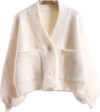 Generic Cardigan dhiver court en tricot avec col en V imitation vison pour femme, Blanc, XS