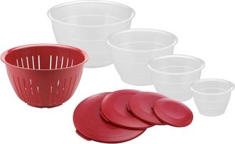 Westmark Schüssel-Set, 4 Schüsseln inkl. Deckeln und Sieb/Seiher, 9 teilig, Fassungsvermögen: 0,6/1,3/2,5/4,4 Liter, Kunststoff, BPA-frei, Olympia, Farbe: Tran