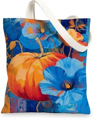 Generic Sacs fourre-tout en toile à motif floral citrouille, sacs de courses respectueux de lenvironnement, sacs à bandoulière légers et lavables pour un usag