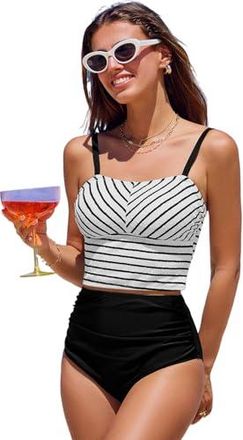 Cupshe Tankini pour femme - Col carr&eacute; - Taille haute - &Eacute;lastique - Deux pi&egrave;ces - Bretelles r&eacute;glables, Noir/ray&eacute;, Taille XL