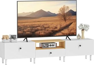 HOMCOM Meuble TV - HOMCOM - 200 cm, t&eacute;l&eacute;viseur jusqu&agrave; 90 pouces - 2 portes rabattables, tiroir, charni&egrave;res &agrave; fermeture amortie - blanc