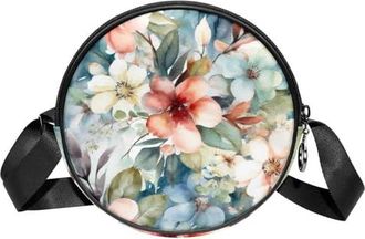 Generic Petit sac &agrave; bandouli&egrave;re circulaire pour femme, motif feuilles florales, sac &agrave; dos avec fermeture &eacute;clair, bretelles r&eacute;glables, sac &agrave; main rond d&eacute;contra