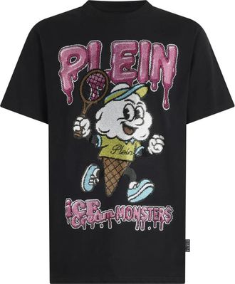 Philipp Plein Homme, Tops, Noir, Taille: L T-Shirt Col Rond Tennis Cr&egrave;me Glac&eacute;e