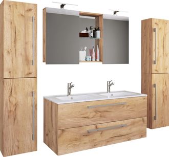 VCM 5-TLG. Doppel Waschplatz | 2X Waschtisch | Badm&ouml;bel Set mit Unterschrank, Waschbecken, 2X Hochschrank und Spiegelschrank | Doppelwaschbecken | Komplet