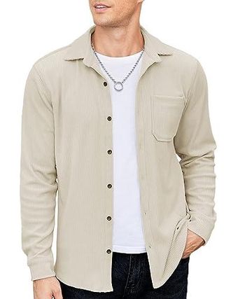 Coofandy Chemise en corduroy pour homme &agrave; manches longues, coupe droite, chemise d&eacute;contract&eacute;e &agrave; manches longues, boutonn&eacute;e, avec poche frontale, chemise dhiver
