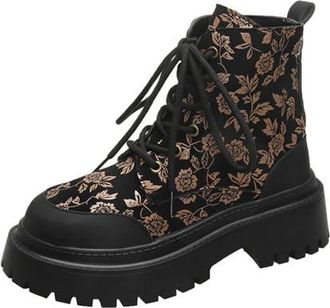 Generic Bottes de combat florales pour femme - Bottines mi-mollet imprimées à lacets avec semelle antidérapante, plateforme épaisse légère et tige en polyurét