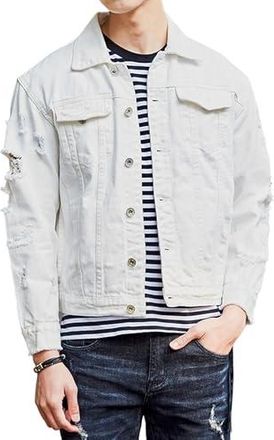 Generic Veste en jean pour homme, coupe ajust&eacute;e, d&eacute;chir&eacute;, veste en jean vieilli, style urbain d&eacute;contract&eacute;, v&ecirc;tements dext&eacute;rieur, blanc, XXL