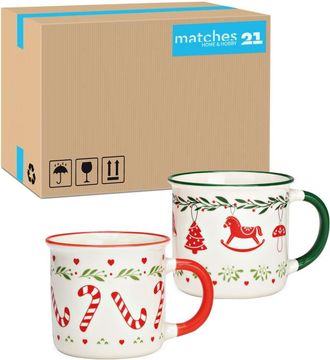 Matches 21 Weihnachtstassen 36er Set Porzellan mit Zuckerstangen Motiv - 350 ml Kaffeetassen mit festlichen Motiven in Rot und Grün Ø 9 x 13 cm cm - Tassen ideal