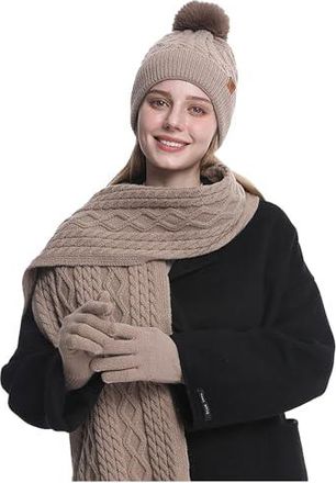 Generic Ensemble Bonnet Echarpe Gant, 3pcs Ensemble Bonnet Echarpe Femme avec Gants &Eacute;cran Tactile, Tricoter Bonnet Femme Hiver Pompom Coffret Cadeau pour Femm
