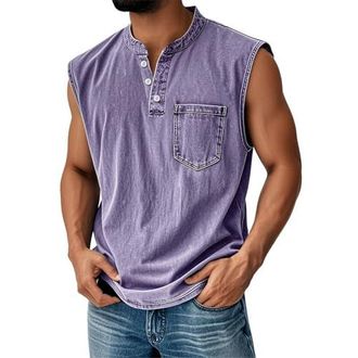 Generic T-shirt Henley vintage respirant sans manches pour homme, d&eacute;bardeur vintage boutonn&eacute;, d&eacute;bardeur d&eacute;lav&eacute; pour homme, violet, 3XL
