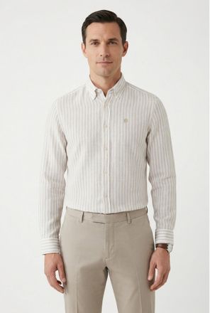 HUGO BOSS Leinenhemd BOSS LIAM, Herren, Gr. L, N-Gr, open beige286, Web, Obermaterial: 100% Leinen, gestreift, regular fit h&uuml;ftbedeckend, 1-Knopf-Manschette mit