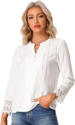 Allegra K Chemisier Boho pour Femmes, Demi-Boutonnage, Manches Longues, Chemisiers en Dentelle Au Crochet Blanc S