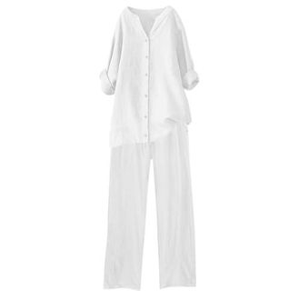 Generic Surv&ecirc;tement deux pi&egrave;ces pour femme en lin d&eacute;contract&eacute; &agrave; col rond et manches 3/4, pantalon &agrave; jambe large avec poches, v&ecirc;tement de d&eacute;tente pour femme, p