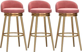 Generic Drehbarer Barhocker Aus Samt mit Rückenlehne, Goldener Fußstütze, 3Er-Set, Drehbar, für Kücheninsel Und Tresen, Rosa