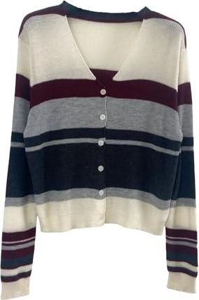 Generic Cardigan ray&eacute; &agrave; manches longues pour femme - Cardigan minimaliste - Col en V - Manteau tricot&eacute; cor&eacute;en doux, blanc, Taille Unique