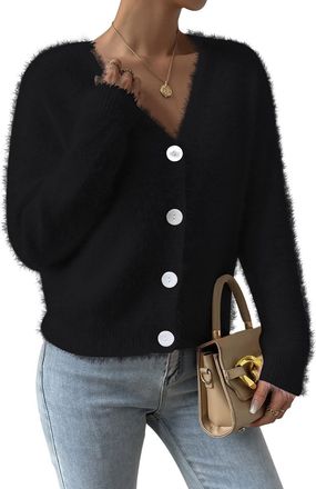 Pink Queen Damen Cropped Pullover Top Langarm V-Ausschnitt lockere Pelzige Strickjacke Offen Knopfleiste Kurz Schwarz XL