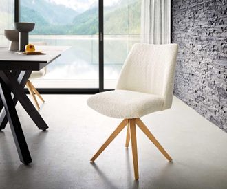 DELIFE Drehstuhl Elso-Flex Boucl&eacute; Wei&szlig; Holzgestell kantig Natur 180&deg; drehbar Taschenfederkern, Esszimmerst&uuml;hle