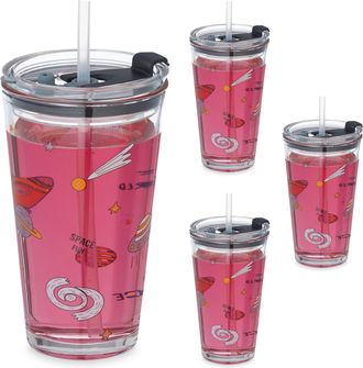 Relaxdays Kindergläser 4er Set, Weltraum-Motiv, Trinkglas für Kinder, Deckel & Strohhalm, Volumen 450 ml, transparent