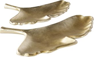 Beliani Metall Dekoschalen 2er Set Ginkgo Bl&auml;tter Schmuck Tablett in Gold Palenque