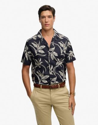 Superdry Kurz&auml;rmliges Hawaiihemd in Marineblau mit Canna-Blattmuster-Navy