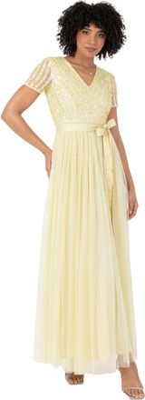 Maya Damen Maxi Dress for Women Ladies Bridesmaid V-Neck Ball Gown Short Sleeves Long Elegant Empire Waist Wedding Brautjungfernkleid, Zitronengelb, 46 EU