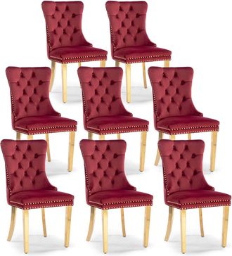Generic Esszimmerstuhl-Set Aus Leder - Stühle Mit Hoher Rückenlehne, Knopfheftung Und Beinen Aus Massivholz(Gold-Wine Red,8)