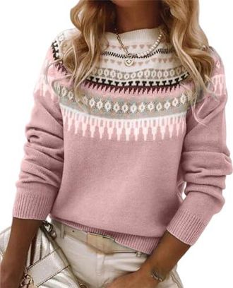 Generic Pull tricot&eacute; vintage &agrave; col rond et manches longues pour femme Motif Fair Isle, I, 5XL