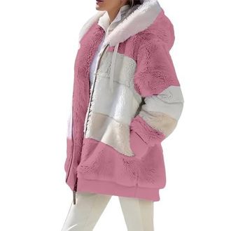 Generic Veste polaire en peluche pour femme avec fermeture éclair intégrale, bloc de couleurs, doux et confortable, manteau dhiver chaud et moelleux, vêtement