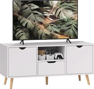 HOMCOM Moderner TV-St&auml;nder mit Schublade, offenem Regal und 2 Schr&auml;nken, TV-Schrank mit 5 Kiefernholzf&uuml;&szlig;en, 110x40x50 cm, Wei&szlig;
