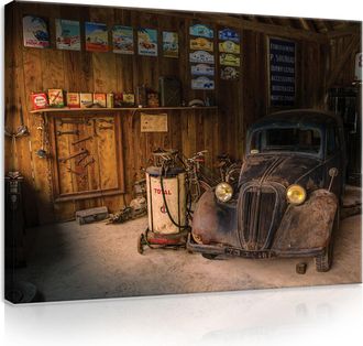 ForWall Leinwand Bilder - Auto Retro Werkstatt Vintage Route 66-60x40 cm Leinwandbilder - Bild auf leinwand - Wandbild XXL groß Wandbilder für Wohnzimmer Schl