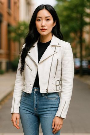 Infinity Leather Weiße kurze Brando-Bikerjacke aus Leder für Damen - Durban