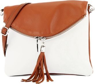 modamoda.de T07 / T139 Damen Leder Umh&auml;ngetasche, Klein, 2 Modelle, handmade in Italy, Farbe:Wei&szlig;/Cognac2021