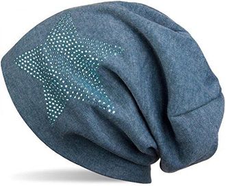 styleBREAKER Chapeau Bonnet Classique avec Application Strass étoiles, Chaud, Unisexe 04024023, Couleur:Bleu chiné/Bleu Clair