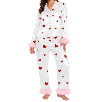 Generic Ensemble de pyjama en satin pour femme - V&ecirc;tement de nuit imprim&eacute; coeur - Haut et pantalon boutonn&eacute;s - Tenue 2 pi&egrave;ces - Pyjama en soie doux et confort