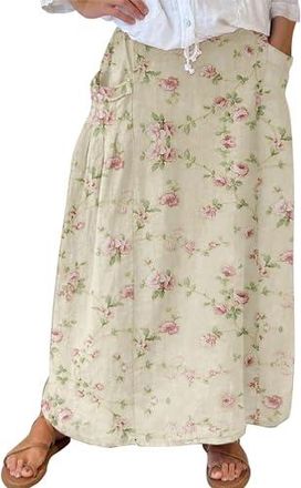 Generic Jupe longue fendue r&eacute;tro en lin &agrave; taille &eacute;lastique pour femme, kaki, XL