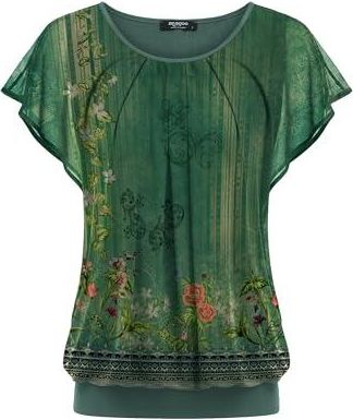 Zeagoo Chemisier pour femme - Manches courtes - Tunique - Haut en maille - Col rond, Fleurs vertes., XL