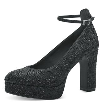 Tamaris Damen Pumps mit Riemen Textil Vegan Blockabsatz; Black Glam/schwarz; 36 EU