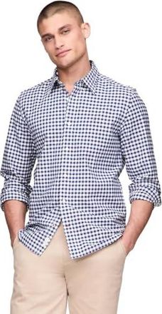 Tommy Hilfiger Chemise boutonn&eacute;e d&eacute;contract&eacute;e &agrave; manches longues pour homme - Coupe droite - Collection 2025, Vichy bleu marine fonc&eacute;., Taille XL