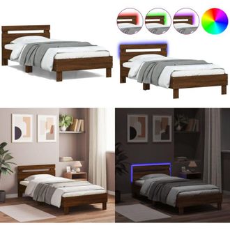 vidaXL Bettgestell mit Kopfteil und LED-Leuchten Braun Eiche 100x200cm - Holzbettfassungen - Bettsystem - Doppelbett - Boxspringbett - Massivholzbette
