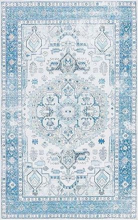 Safavieh Tapis Traditionnel - Lavable en Machine et Antid&eacute;rapant - Id&eacute;al pour Les Zones &agrave; Fort Passage - Arizona Collection, Tapis &agrave; Poil Court, Bleu et Beige,