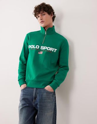 Polo Ralph Lauren Sport - Sweat &agrave; col zipp&eacute; et logo drapeau - Vert