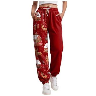 Generic Pantalon de Noël confortable pour femme, jogging élastique taille haute avec imprimé festif, pantalon de survêtement ample avec cordon de serrage pour