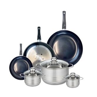 Fackelmann ELO 9748250 Batterie de cuisine 6 pièces, Ensemble de 3 Poêles de cuisson 20, 28 et 32 cm et 3 faitouts 12, 14 et 24 cm Elo Prima Brillant, inox, indu
