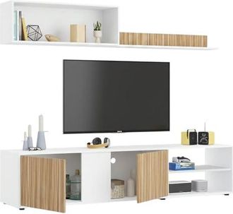 Dmora Wohnzimmerm&ouml;bel Titusville, TV-St&auml;nder, Wohnzimmerm&ouml;bel, Zusammensetzung des Wohnzimmersets, Wohnzimmerset mit Schrankwand, 180 x 33 x 40 cm, Wei&szlig; und