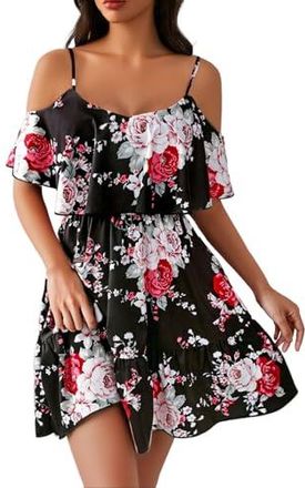 Generic Robe boh&egrave;me 2026 pour femme, imprim&eacute; floral, &eacute;paules d&eacute;nud&eacute;es, manches courtes, volants, ligne A, &eacute;l&eacute;gante, mini, Noir, XL